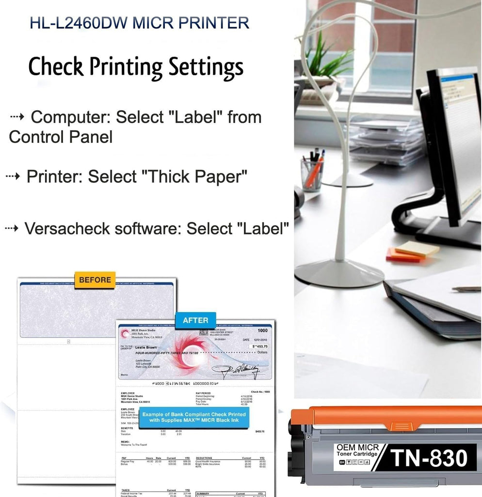 Brother HL-L2460DW Check Printer with OEM Modified TN830 MICR Cartridg ...